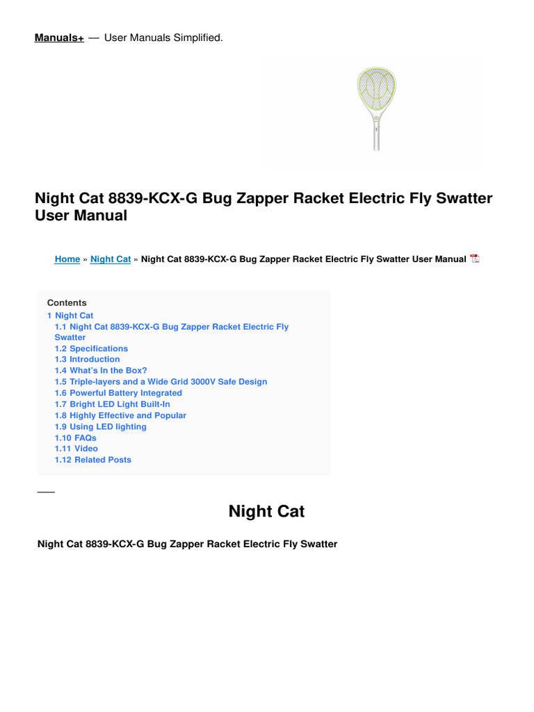 Night Cat 8839 KCX G Bug Zapper Racket Electric Fly Swatter User Manual | PDF | Electricity ...