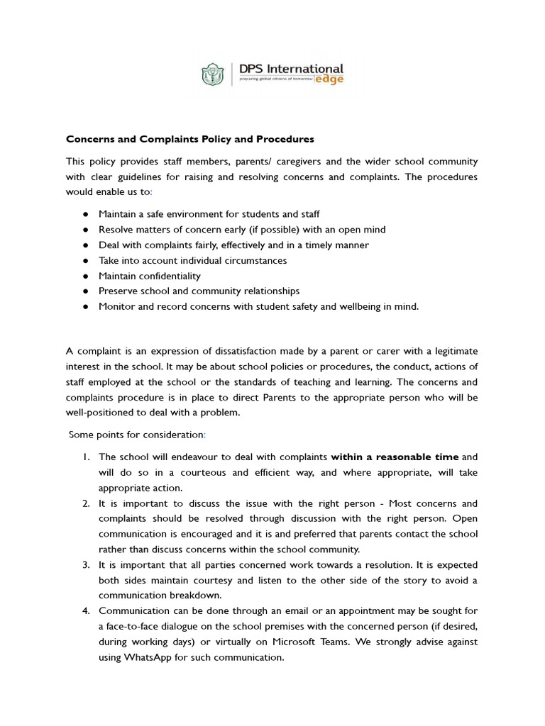 DPSI Concerns and Complaints Policy & Procedures | PDF | Teachers | Communication