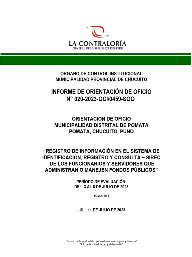 Informe sobre el Registro SIREC en Pomata | PDF | Corrupción política ...