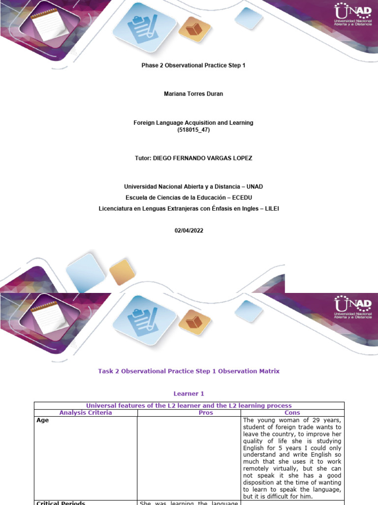 Phase 2 Observational Practice Step 1 Observation Matrix | PDF | Second Language | Learning