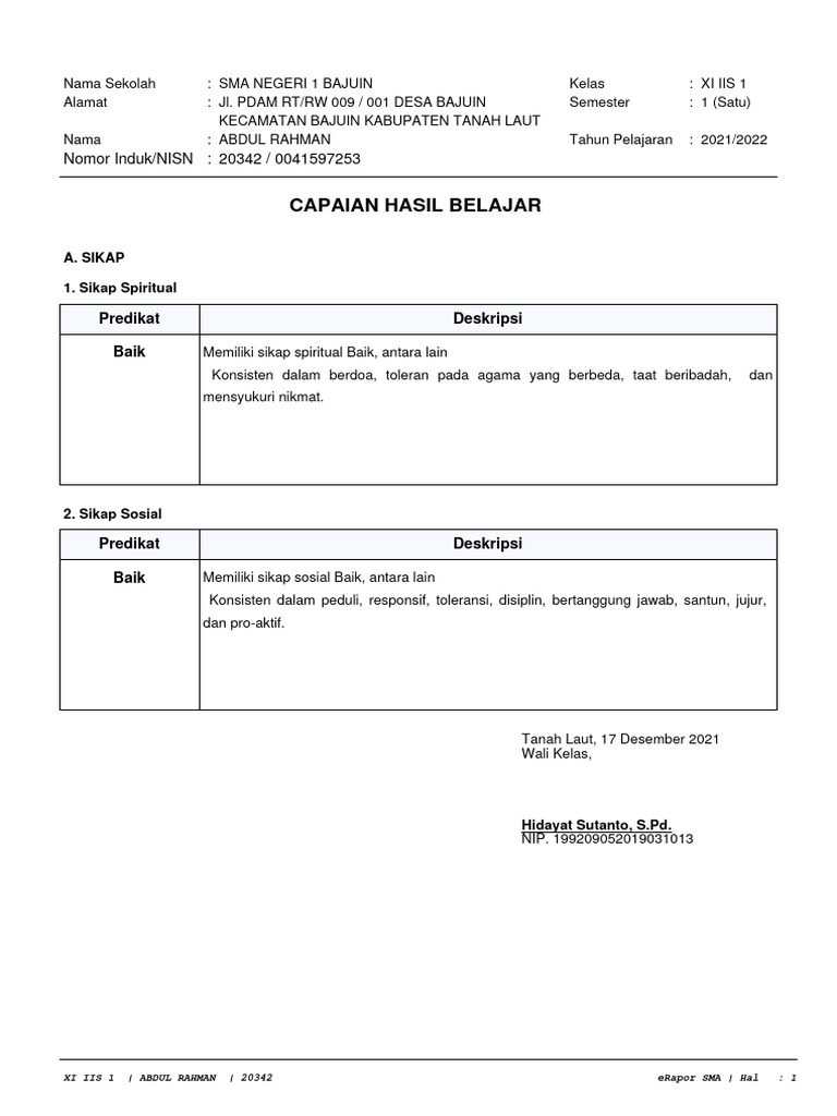 Rapor - XI IIS Semester 1 | PDF