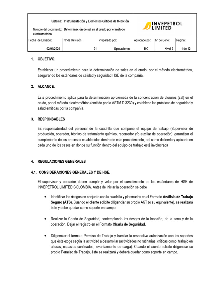 PR-MTL-03-Determinacion de Sal en Crudo Por El Método Electrometrico | PDF | Valoración | Química