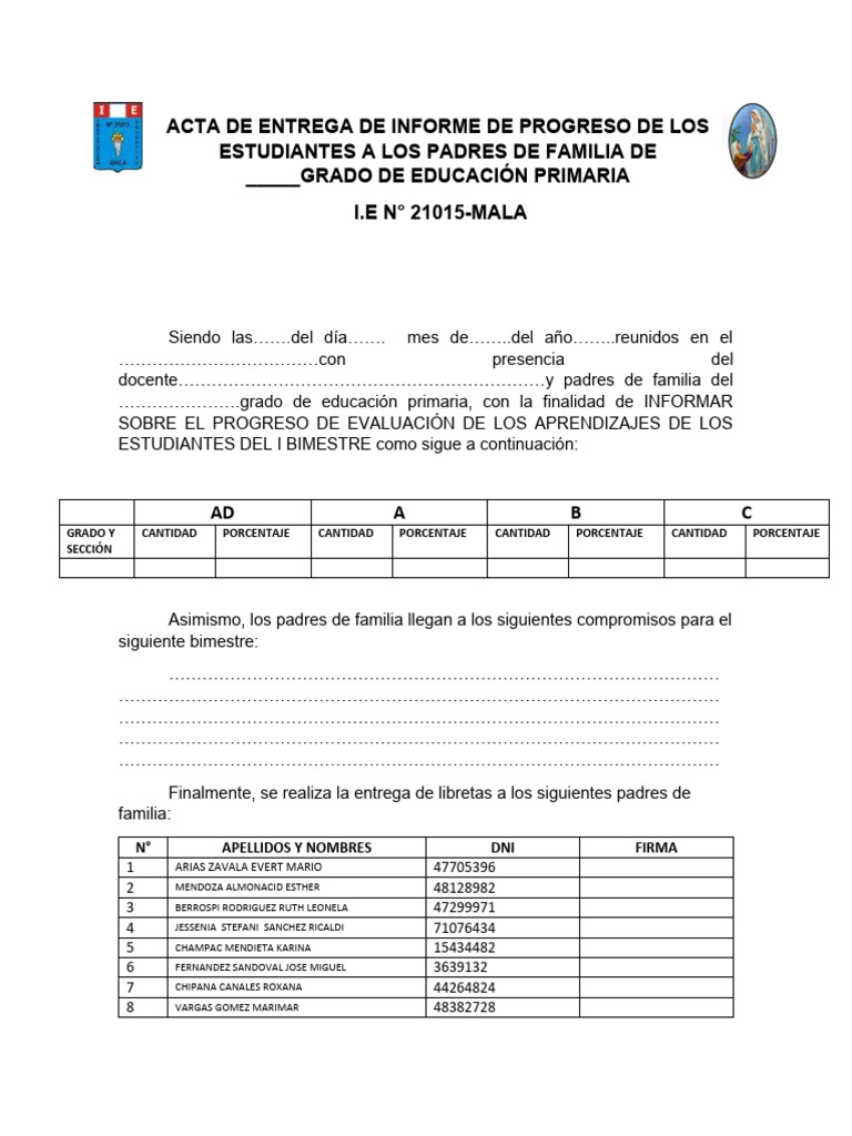 Acta de Informe de Progreso de Estudiantes | PDF