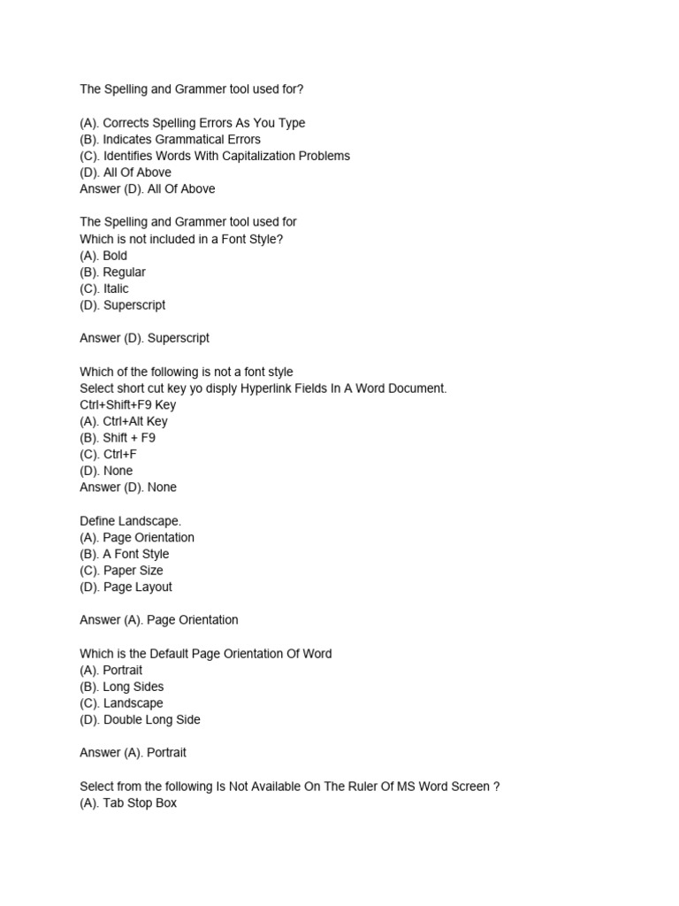 MS Word Shortcut Quiz | PDF | Microsoft Word | Page Layout