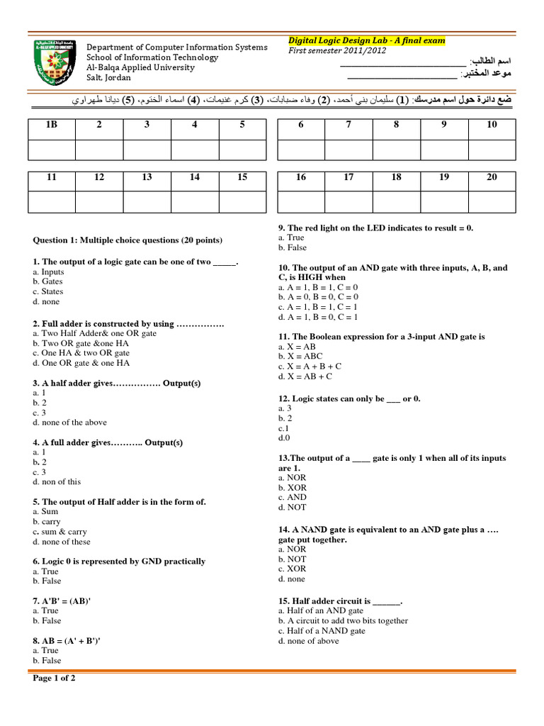 Digital Logic Design Lab Final Exam Firs | PDF | Logic Gate | Digital Electronics
