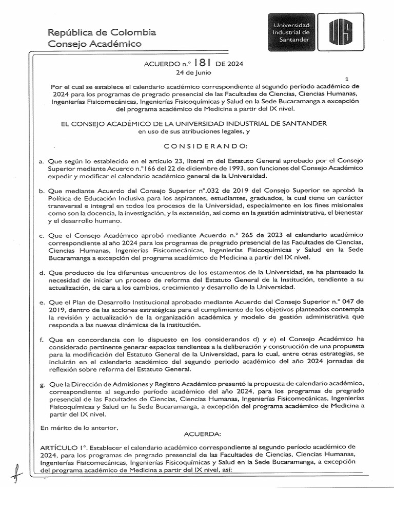 Calendario Académico UIS 2024 Actualizado | PDF