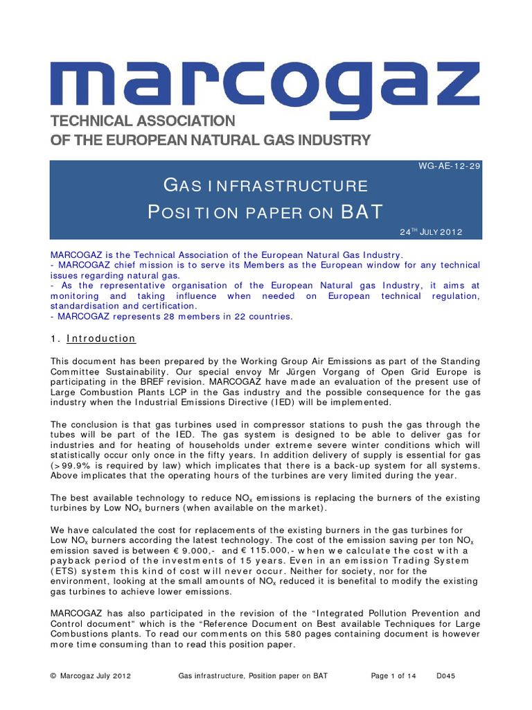 WG-AE-12-29 D045 Gas Infrastructure Position Paper On BAT Final | PDF | Natural Gas | Liquefied ...