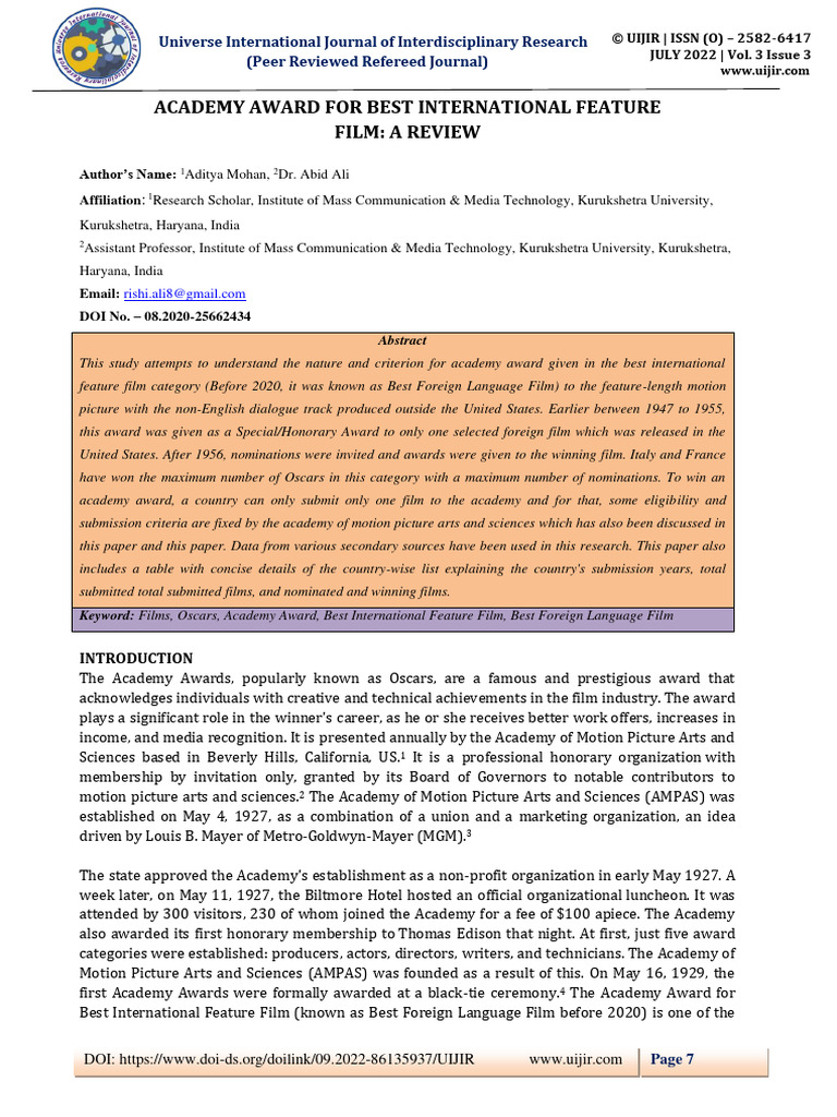 Academy Award for Best International Feature Fi LmA Review | PDF ...