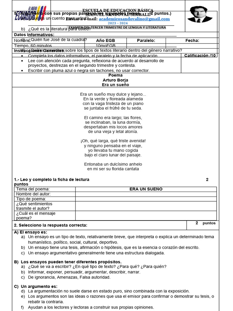 10°-Examen de Lengua Del Tercer Trimestre 10mo 2024 Verbo | PDF | Ensayos