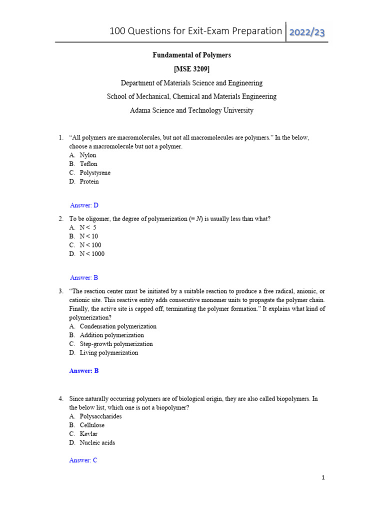 Fundamental of Polymers - 100 Questions and Answers | PDF | Polymers | Entropy