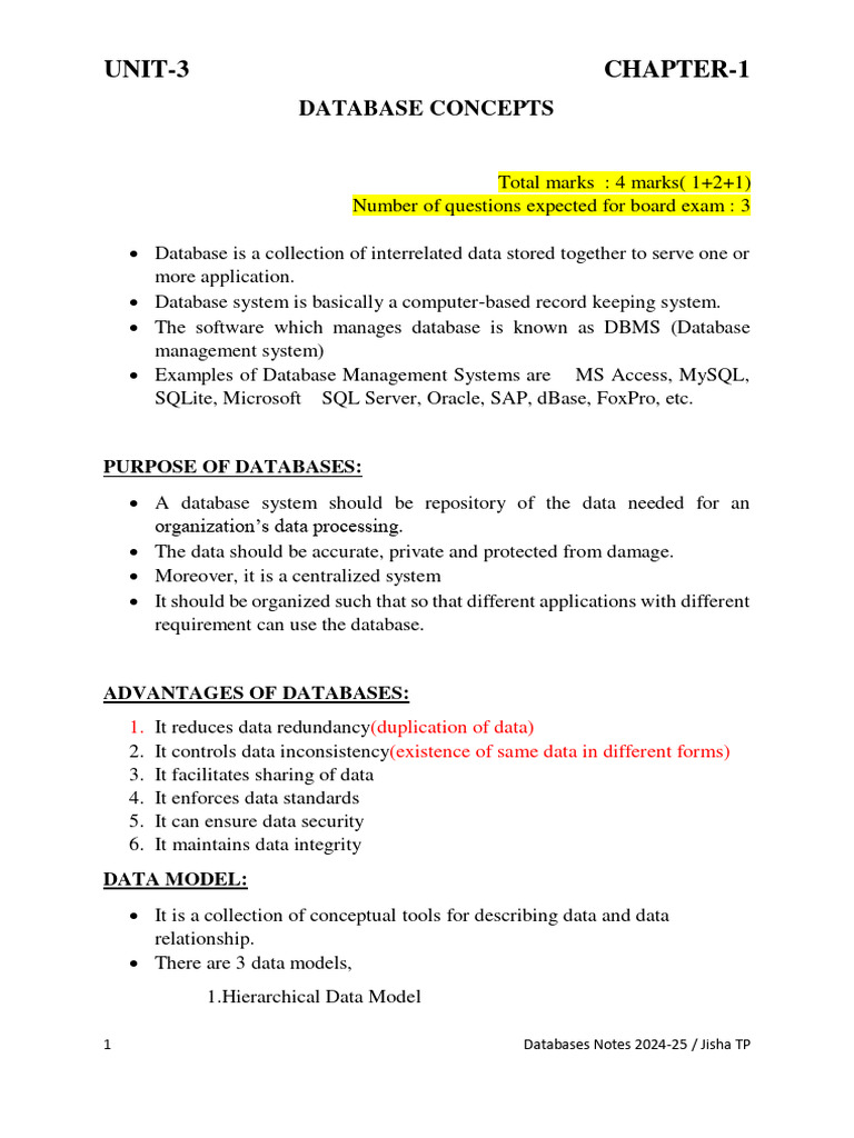 1 Database Notes Pdf Databases Relational Database