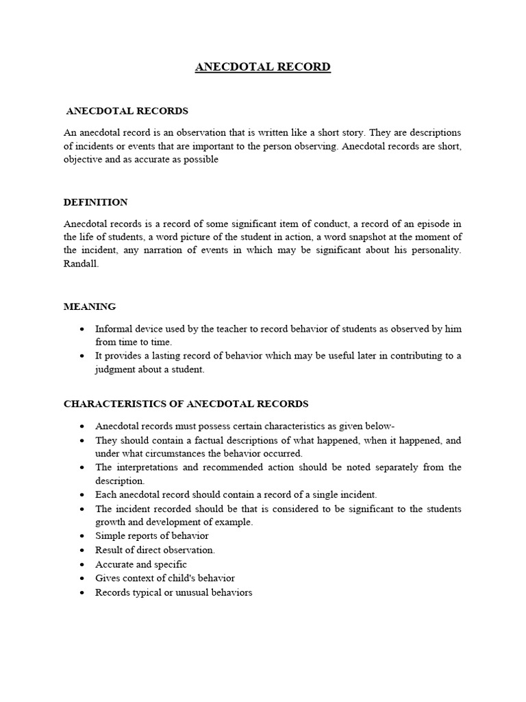 Anecdotal Record | PDF | Behavior | Health Care