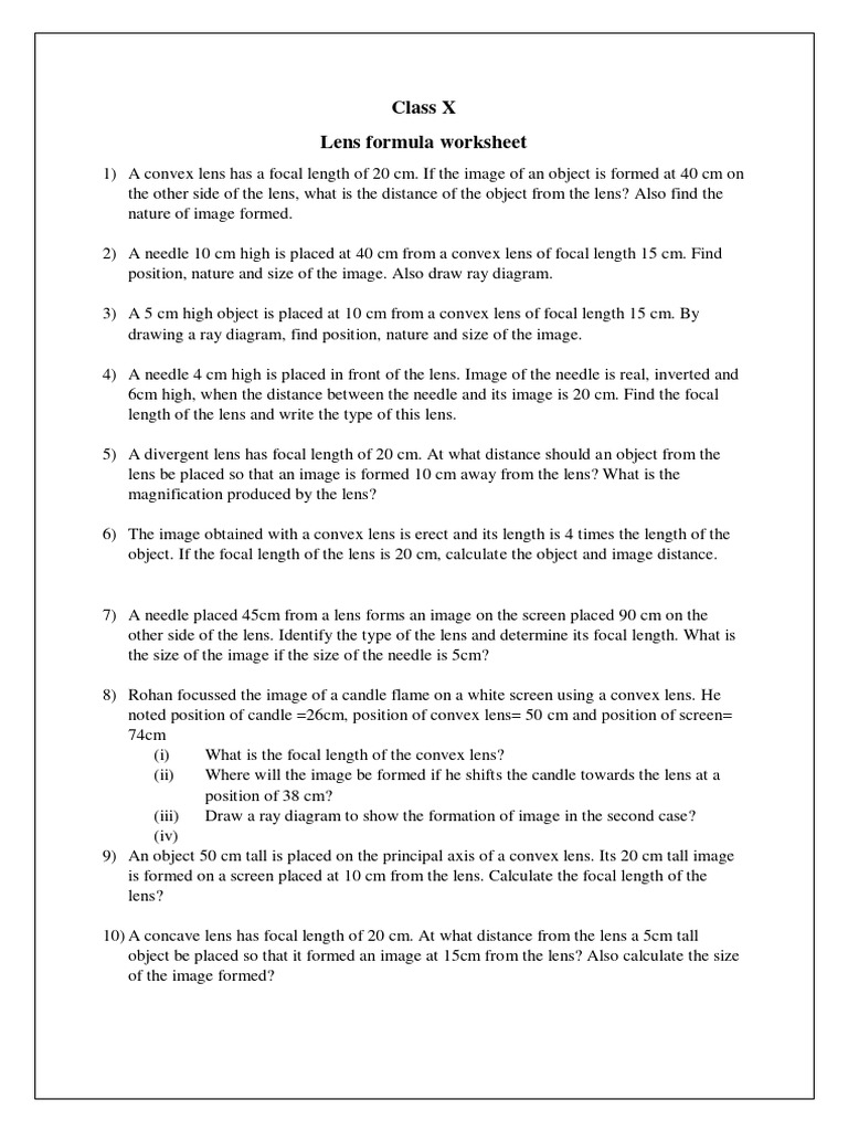 Lens Formula Worksheet for Class 10 | PDF