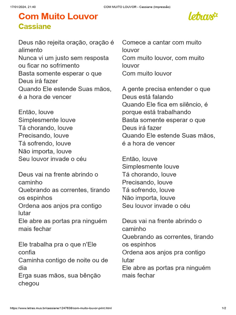 COM MUITO LOUVOR - Cassiane (Impressão) | PDF | Oração