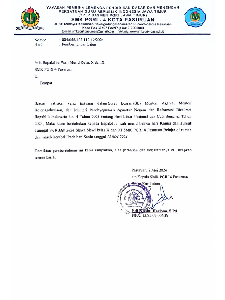 Surat Pemberitahuan Libur-1 | PDF