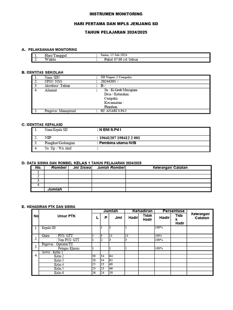 Instrumen Monitoring Dan Evaluasi Hari Pertama Masuk Sekolah | PDF