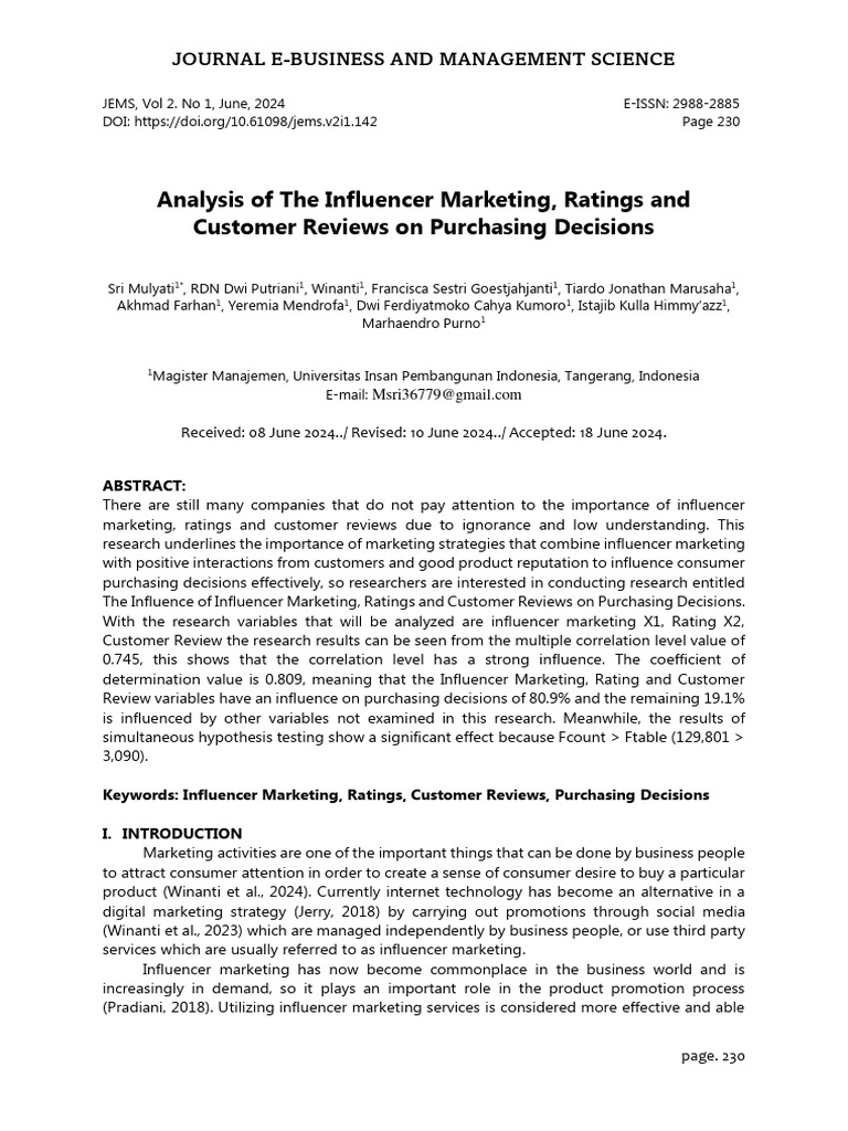 Analysis of The Influencer Marketing, Ratings and Customer Reviews On ...