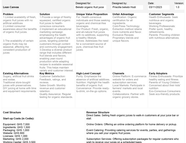 Lean Business Model Canvas | PDF | Juice | Diet & Nutrition