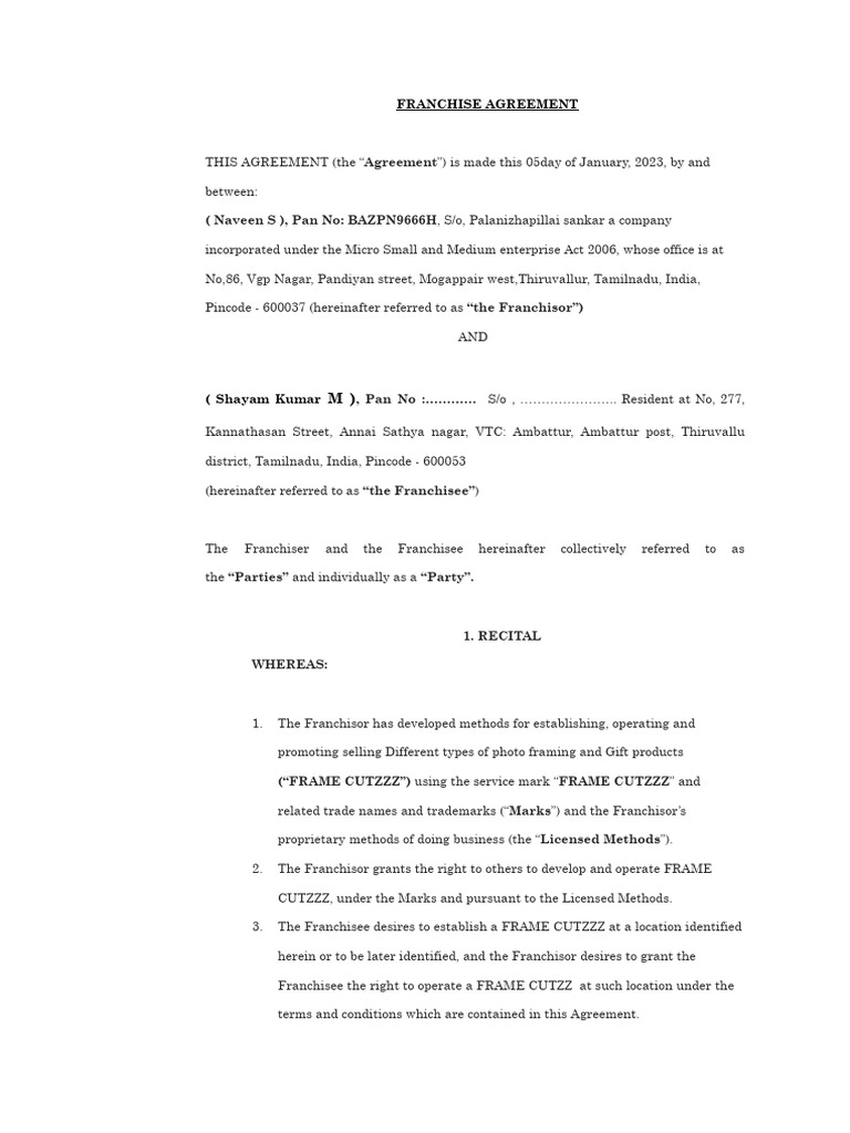 Frame Cutzzz Agreement | PDF | Franchising | Indemnity