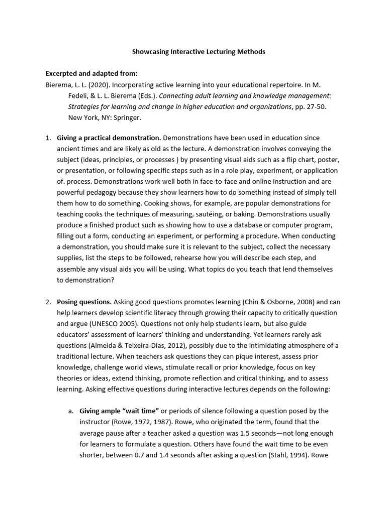 Showcasing Interactive Lecturing Methods | PDF | Learning | Education Theory