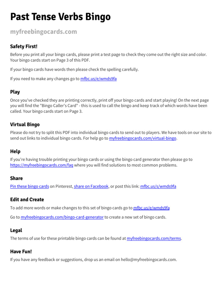 Past Tense Verbs Bingo | PDF | Grammatical Tense | Verb