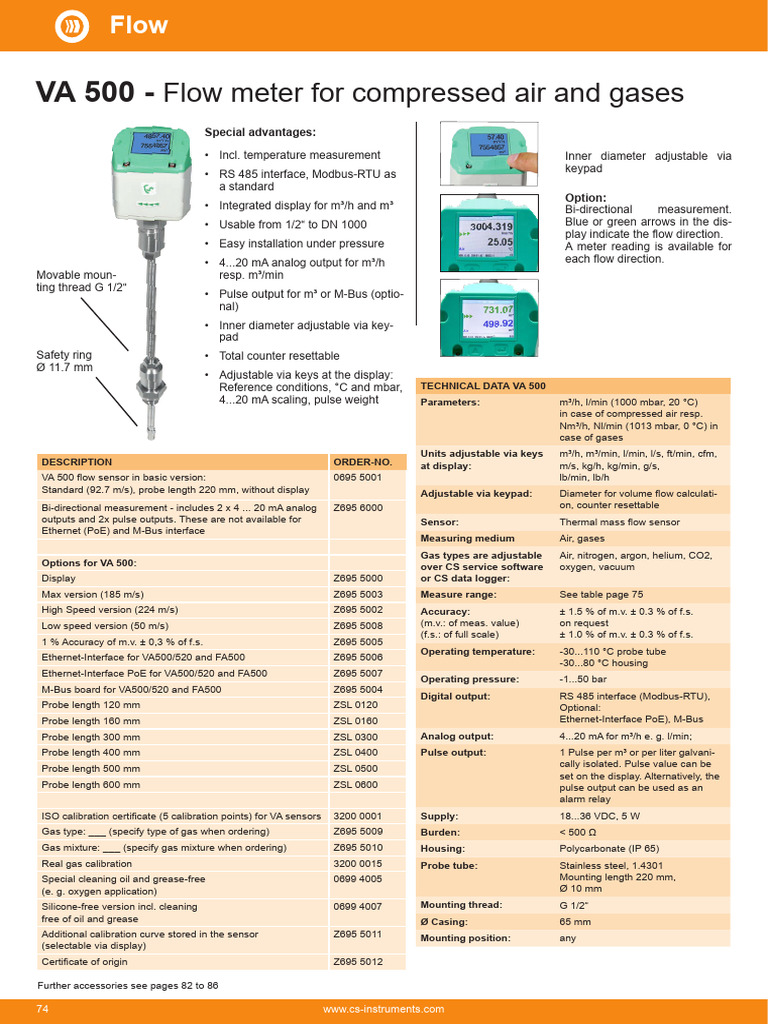 VA 500 Flow Meter Specifications | PDF | Flow Measurement | Gases