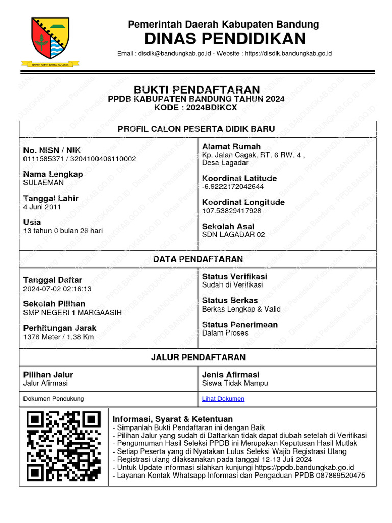 Bukti Pendaftaran PPDB Tahun 2024 An. SULAEMAN (0111585371) | PDF