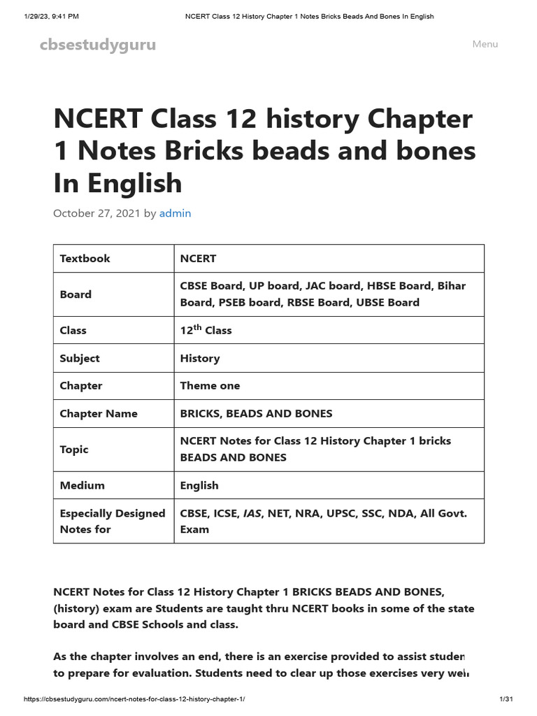 NCERT Class 12 History Chapter 1 Notes Bricks Beads and Bones in | PDF