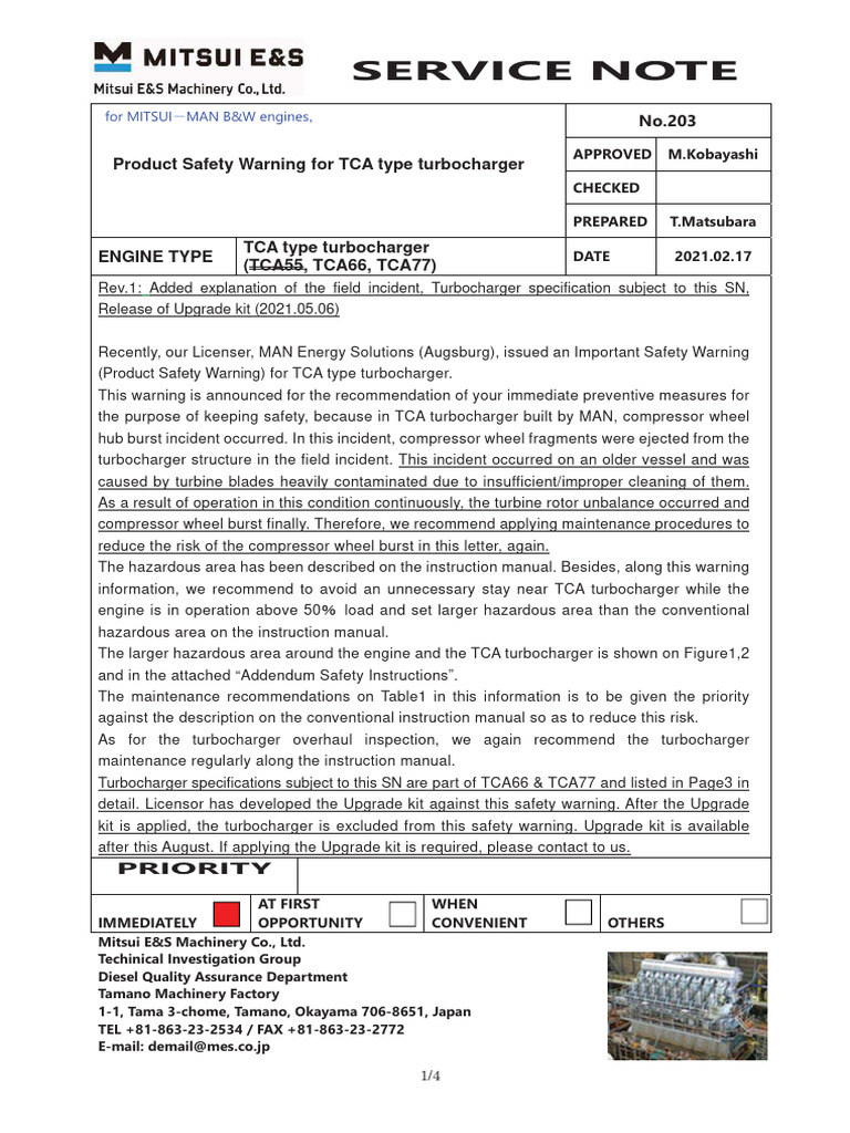 SN203 Product Safety Warning For TCA Type Turbocharger | PDF ...