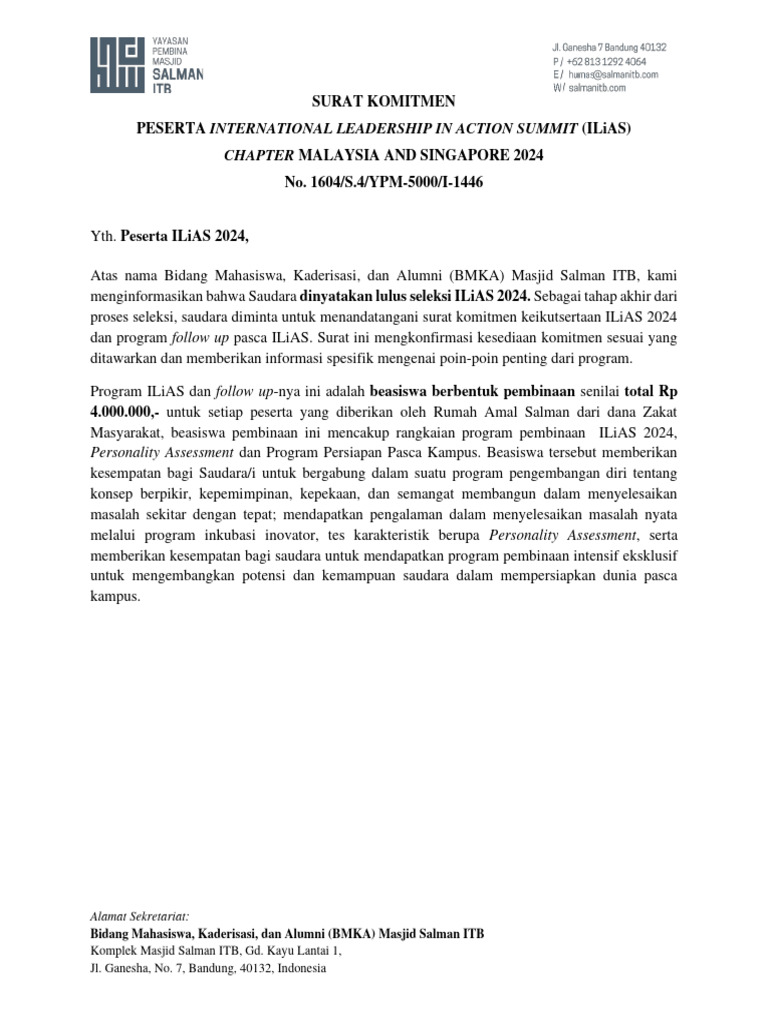 SURAT KOMITMEN PESERTA ILiAS 2024 | PDF