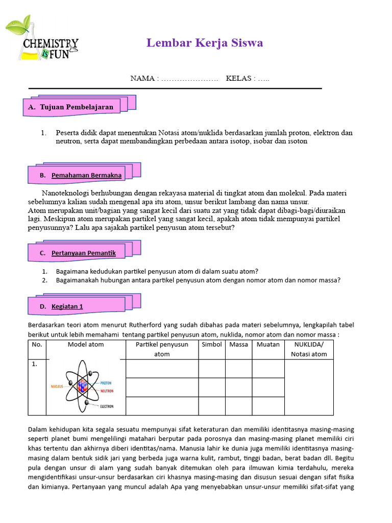 LKPD Notasi Atom, Isotop, Isobar Dan Isoton KIMIA Kelas X | PDF ...