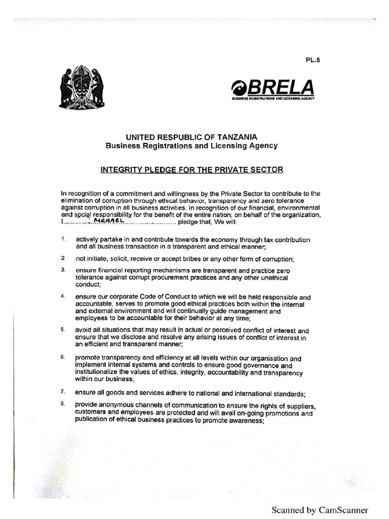 Brela integrity pledge form | PDF