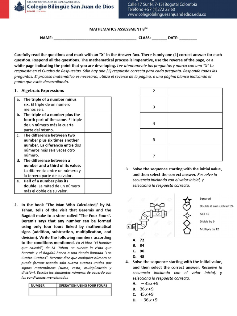 EVALUACION_8TH_ALGEBRA (1) | PDF