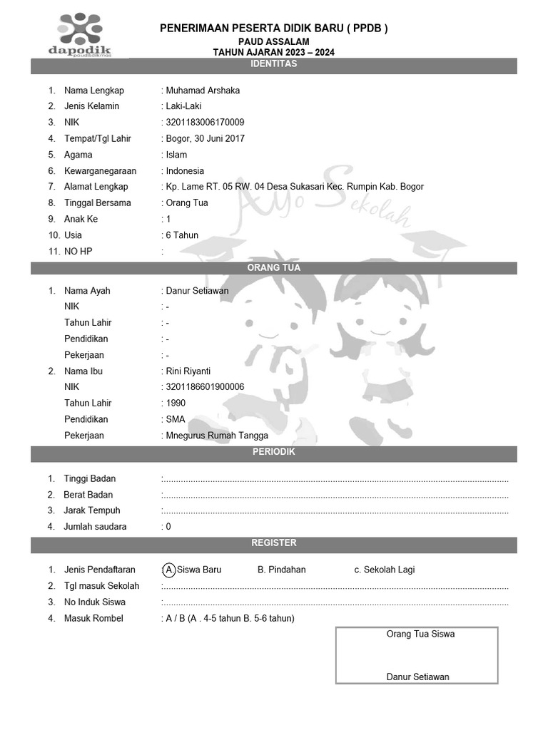 463160488 Formulir Pendaftaran Siswa PAUD TK KB TPA DOC Tahun Ajaran 2019 2020 Www Dapodik Co Id ...
