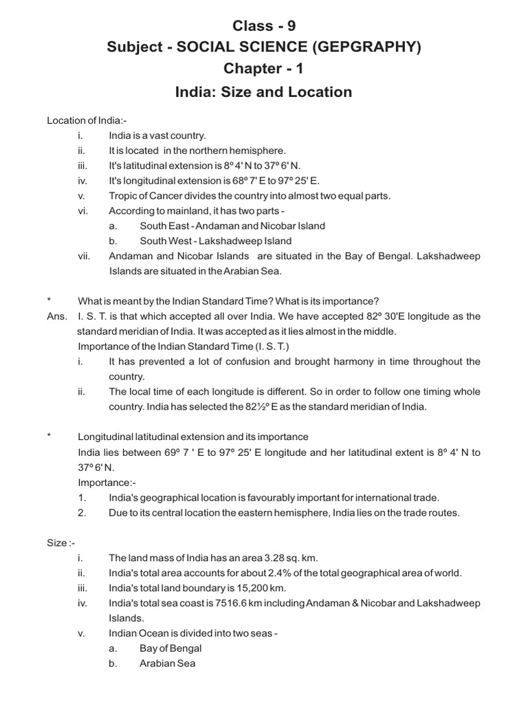 Class 9 Subject Social Science Geography Chapter 1 India Size and ...