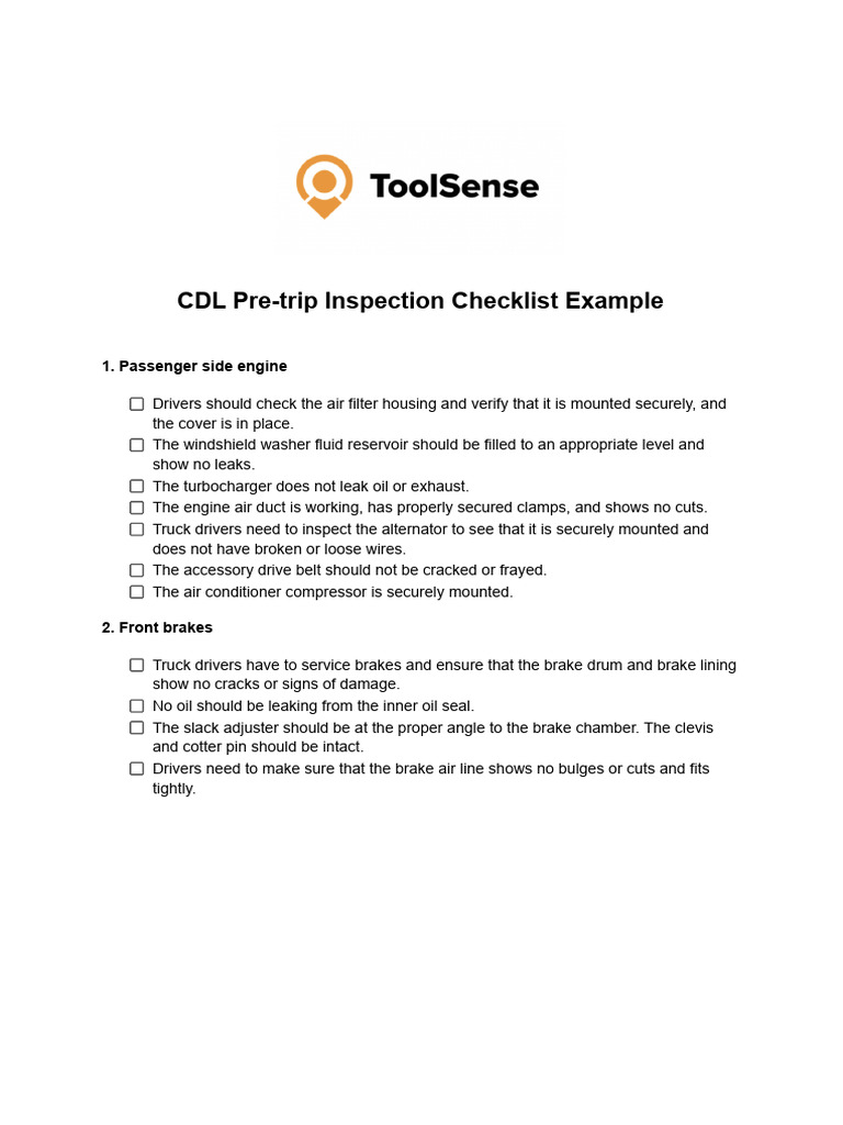 CDL Pre Trip Inspection Checklist ToolSense | PDF | Axle | Steering