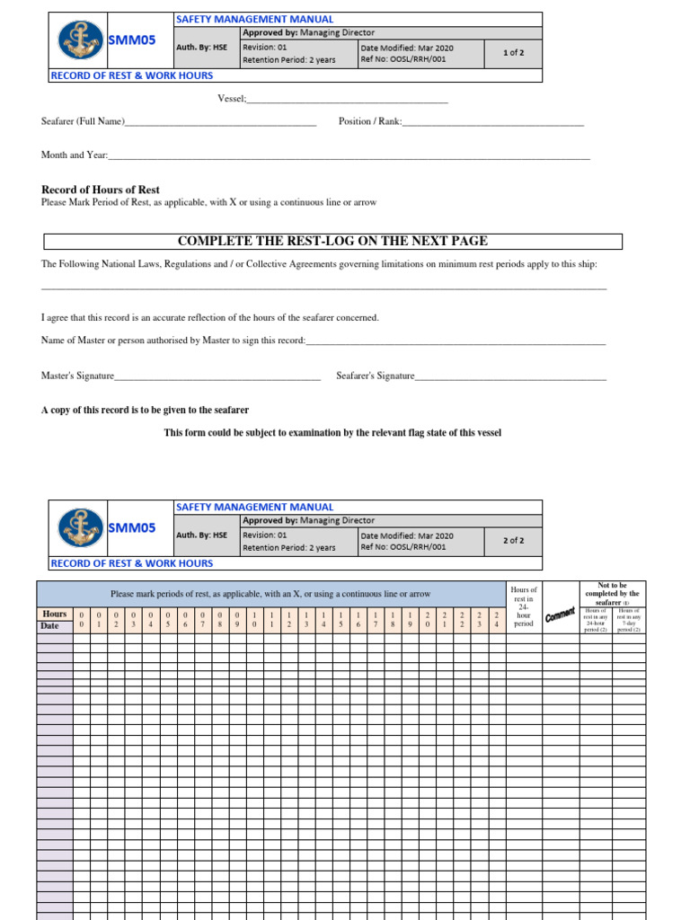 Record of Hours of Rest | PDF