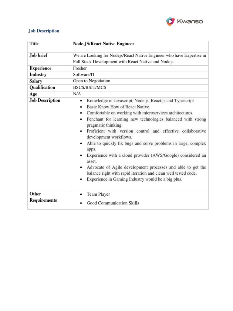Nodejs React Native Developer Pdf 
