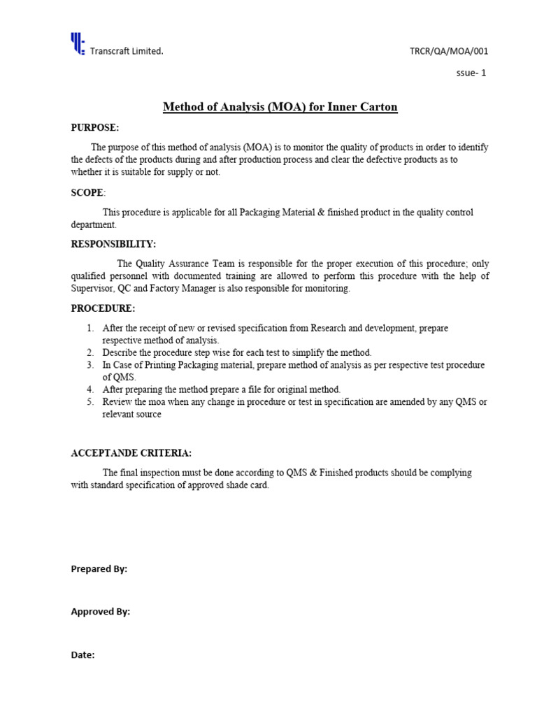 Inner Carton Quality Analysis MOA | PDF