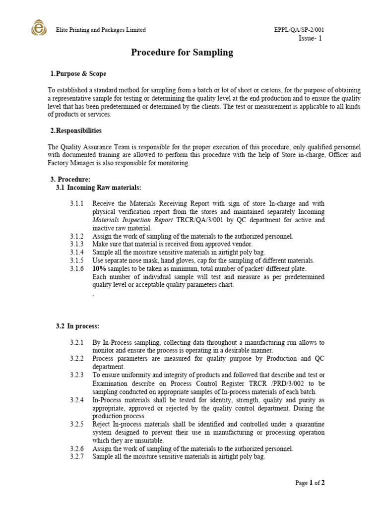 Procedure For Sampling E | PDF | Quality Assurance