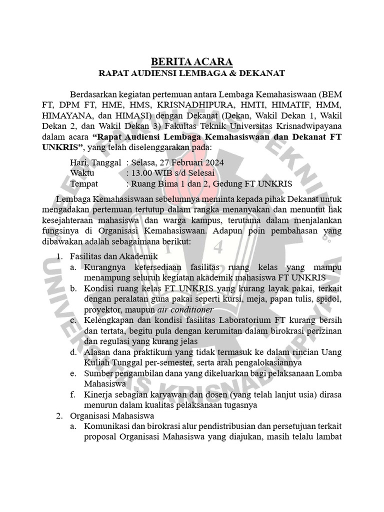 Berita Acara Rapat Audiensi FT UNKRIS | PDF