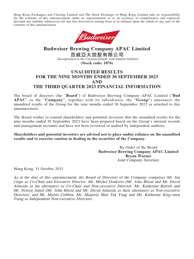 Budweiser Brewing Company APAC Limited 百威亞太控股有限公司 | PDF | Anheuser ...