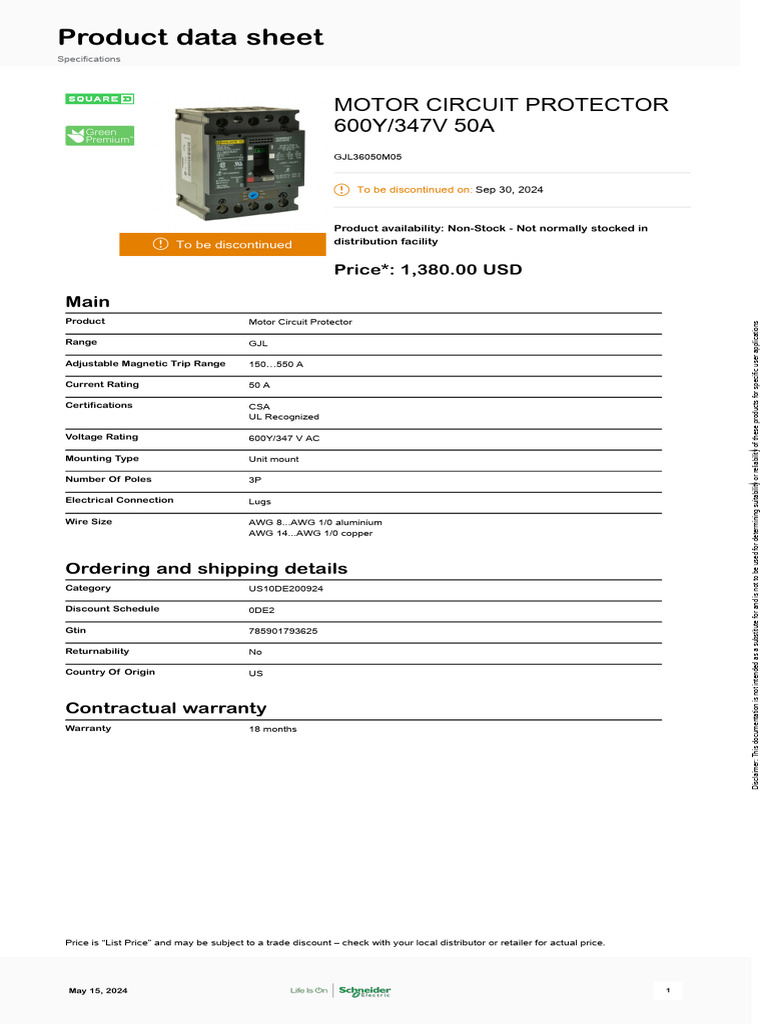 Schneider Electric - GJL-MagGard-Motor-Circuit-Protectors - GJL36050M05 | PDF