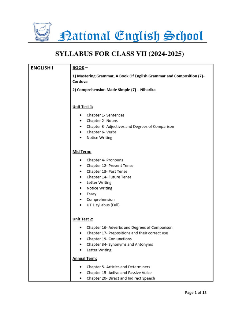 Class VII Syllabus 2024-25-1 | PDF | English Language