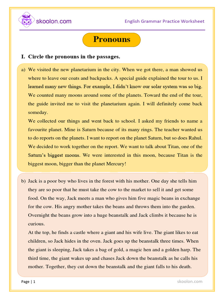 Pronoun Practice for Students | PDF | Planets | Jack And The Beanstalk