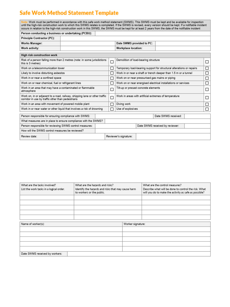 Safe Work Method Statement Template | PDF | Occupational Safety And Health | Safety