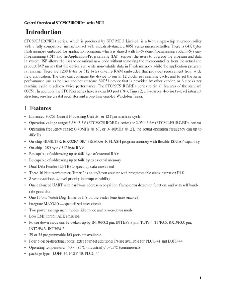 STC89C51RC Features | PDF | Microcontroller | Computer Engineering