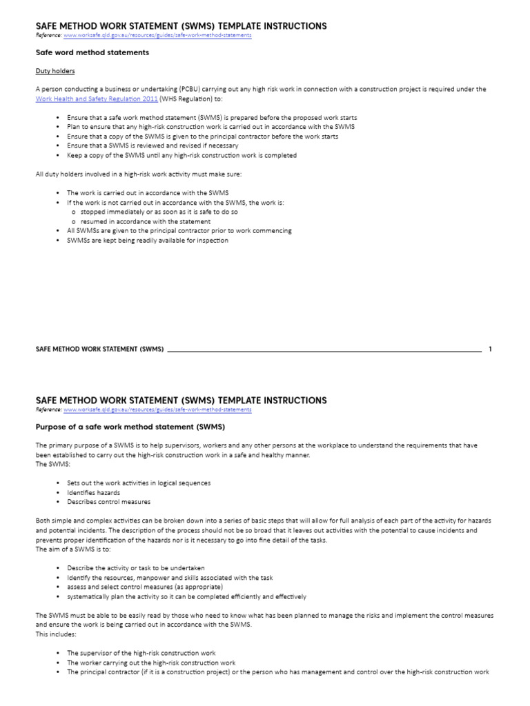 SWMS Template Instructions QLD | PDF | Risk | Occupational Safety And ...