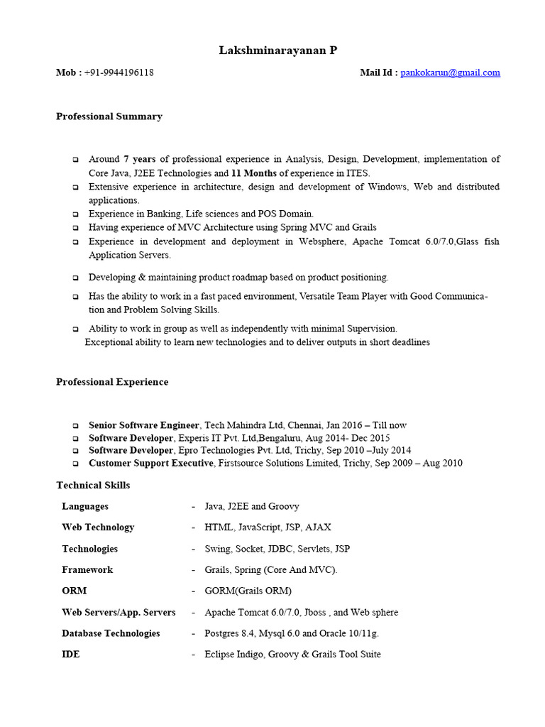 Lakshminarayanan P: Professional Summary | PDF | Java (Programming ...