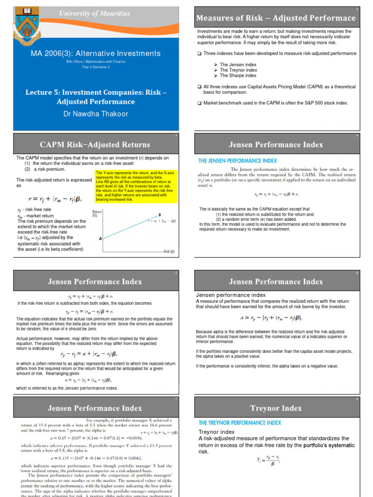 AltInv Lecture 5 Risk-Adjusted Performance of Inv Com 4in1 | PDF | Sharpe Ratio | Beta (Finance)